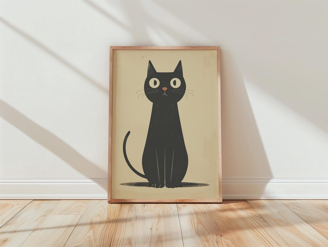 Black Cat Minimalist Illustration Beige Modern Graphic Poster Unframed ...