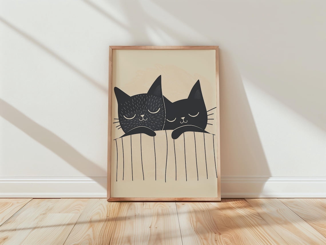 Black Cat Minimalist Sleeping Cats Beige Black Cozy Bedroom Graphic ...