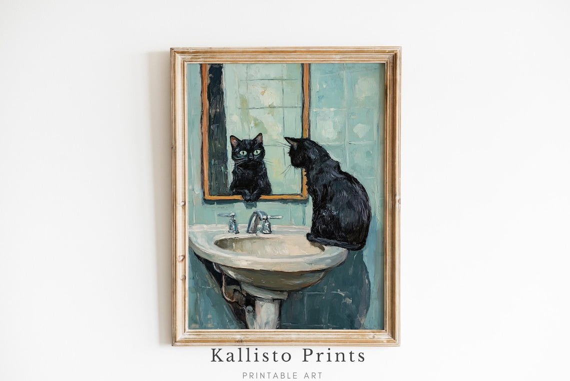 Black Cat Mirror Reflection Art Print Poster, Whimsical Cat Wall Decor ...
