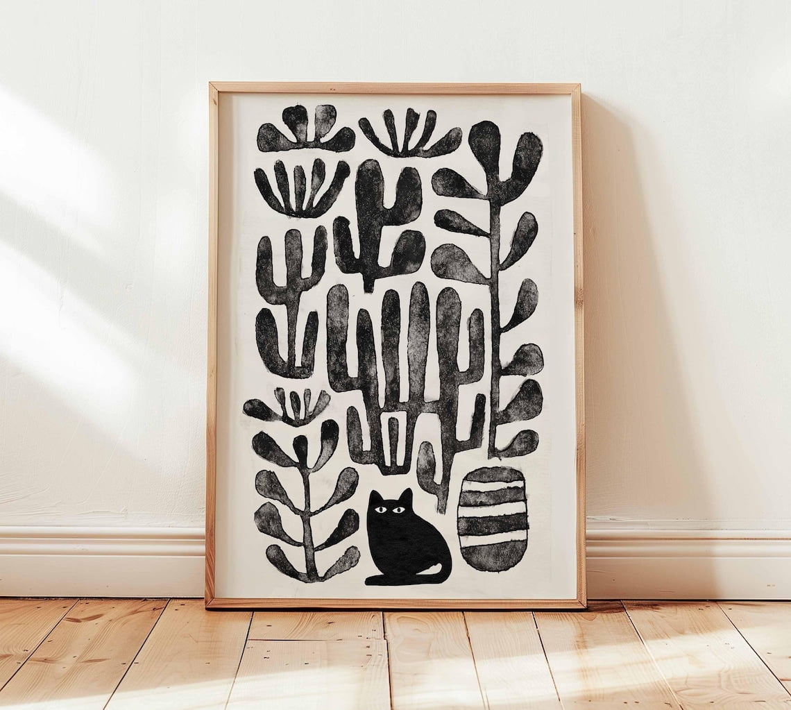 Black Cat Modern Minimalist Botanical Monochrome Plant Scandinavian ...