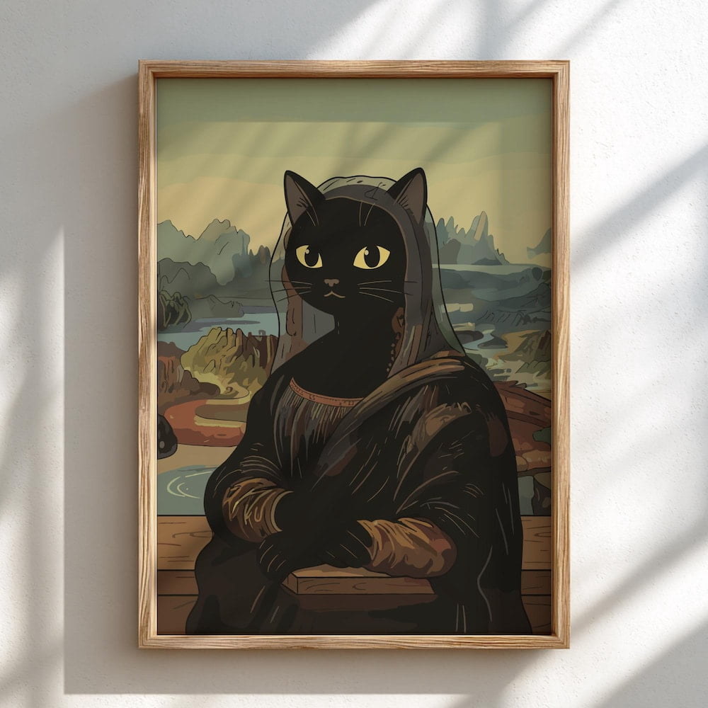 Black Cat Mona Lisa Art Print: Ukiyo-E Funny Home Decor Office Wall Art ...