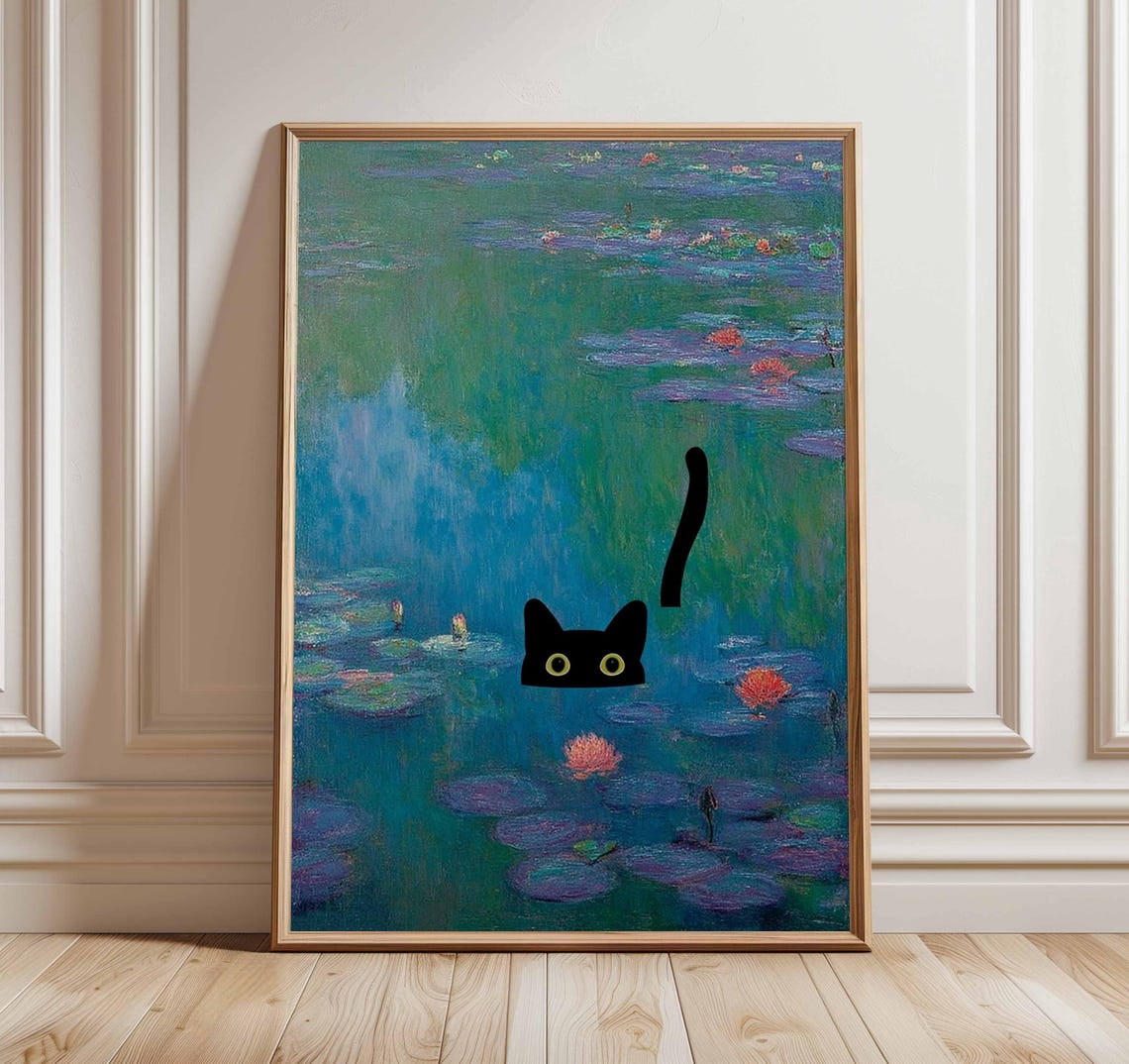 Black Cat Monet Water Lilies Surreal Cat Art French Impressionist ...