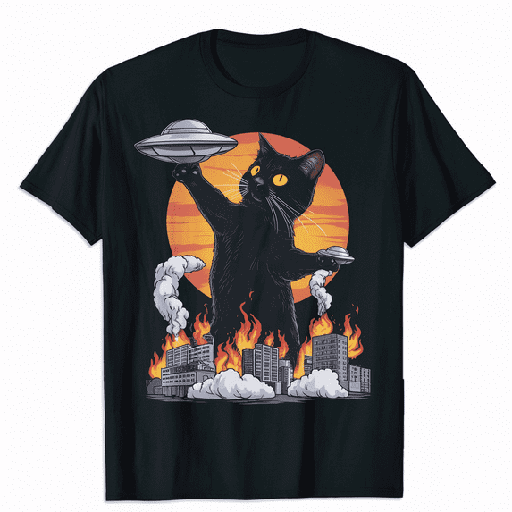 Black Cat Monster Sunset UFO for Cat Lover Short Sleeve Graphic T-Shirt ...