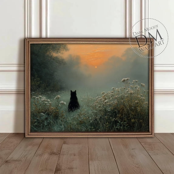Black Cat Moody Meadow Wall Art Print, Unframed Paper Poster 8x10in ...