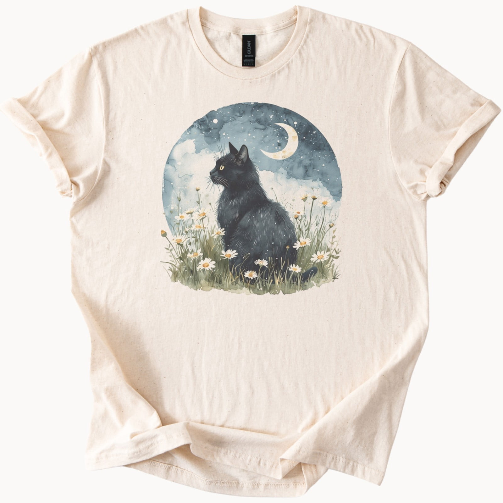 Black Cat Moon Night Sky Daisy Flower T-Shirt - Walmart.com