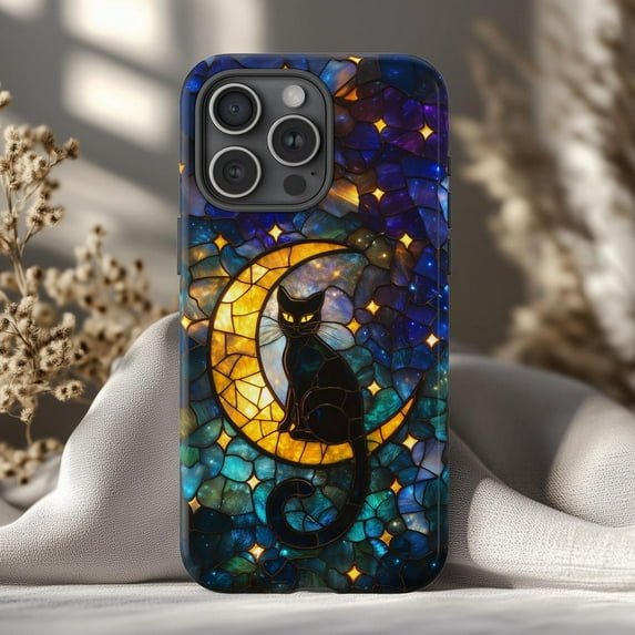 Black Cat Moon Stained Glass Celestial Phone Case for 17 16 15 14 13 12 ...