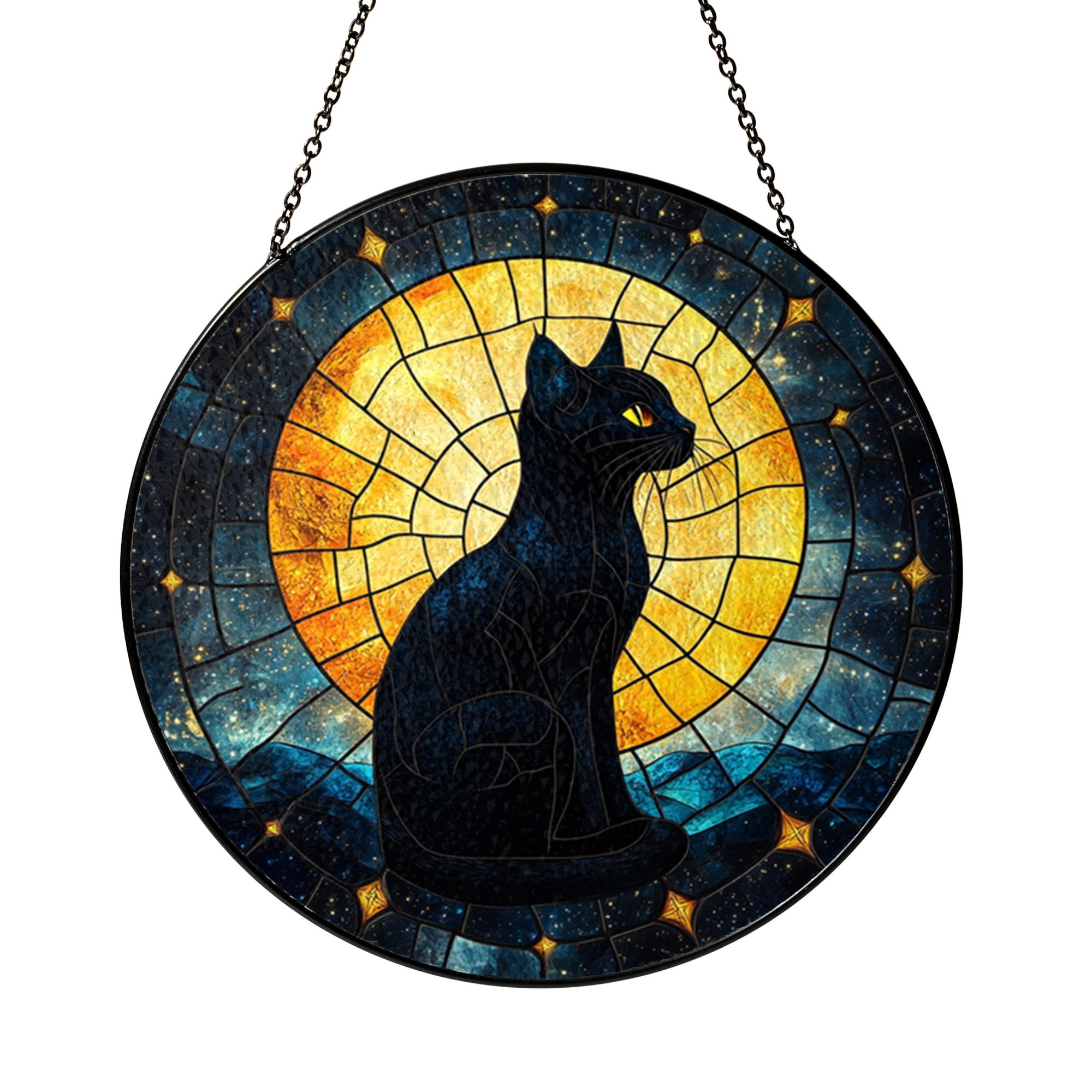 Black Cat Moon Stained Glass Style Suncatcher Window Hanging Decor, Cat ...