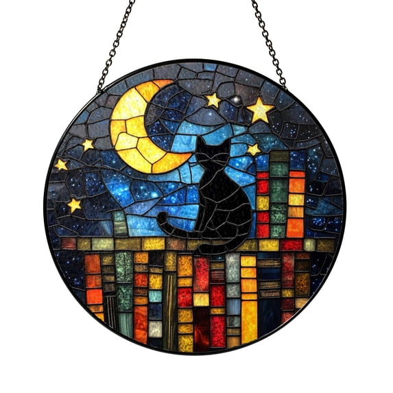 Black Cat Moon Stained Glass Suncatcher Celestial Night Window Decor ...