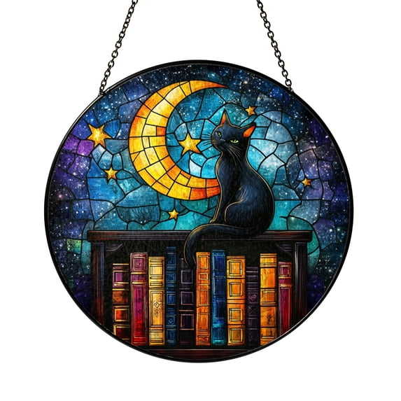 Black Cat Moon Suncatcher – Night Sky Stained Glass Style Window Decor ...
