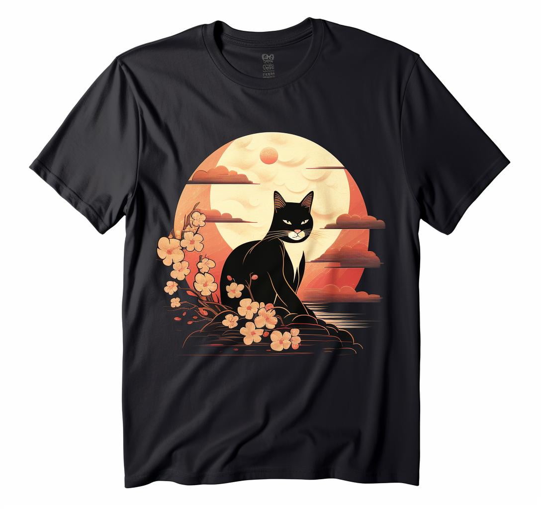 Black Cat Moon T-Shirt Japanese Men's Vintage Graphic Tee - Walmart.com