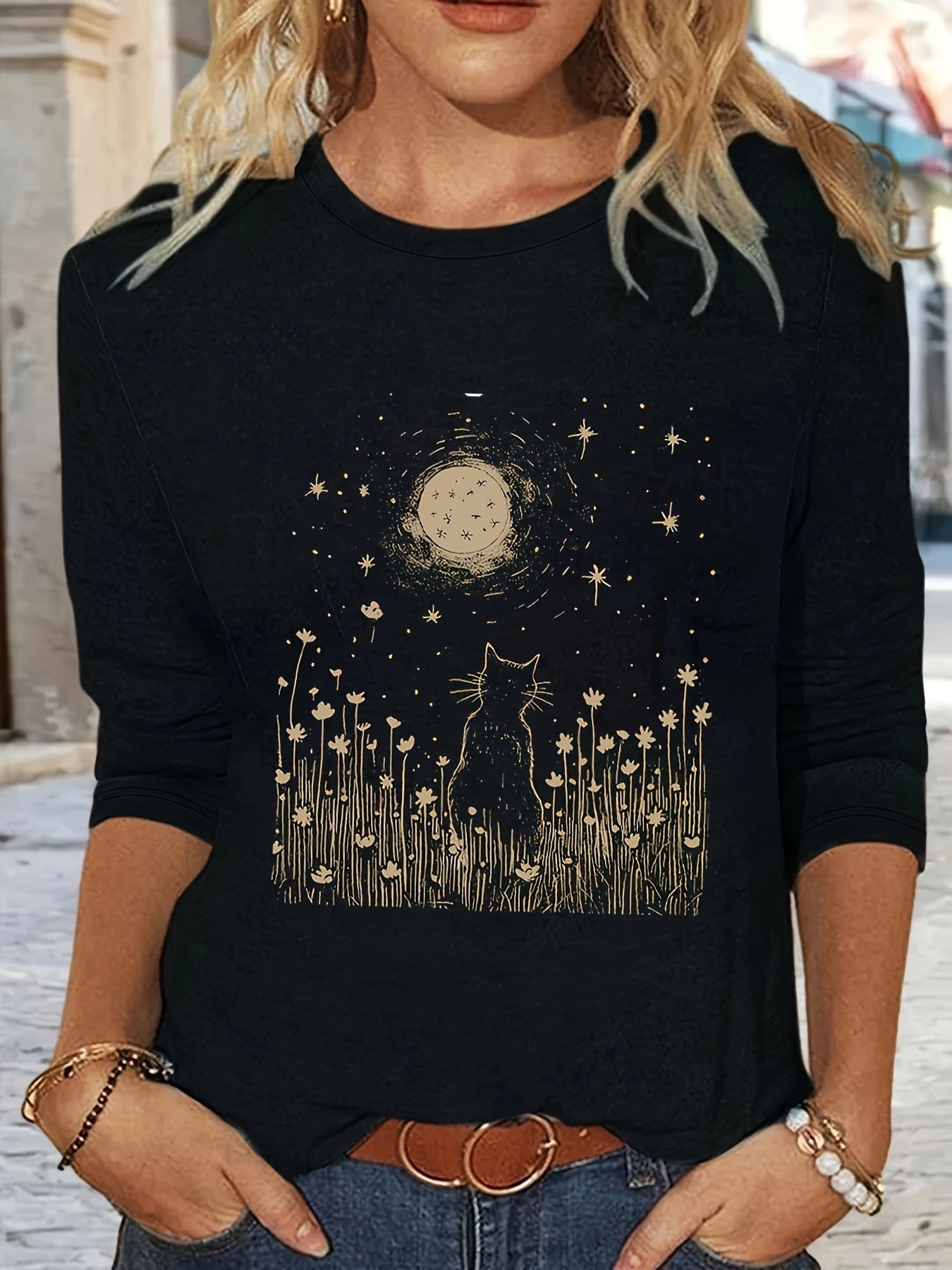 Black Cat Moon T-Shirt for Women Cat Lovers Graphic Tee Shirts Cat ...