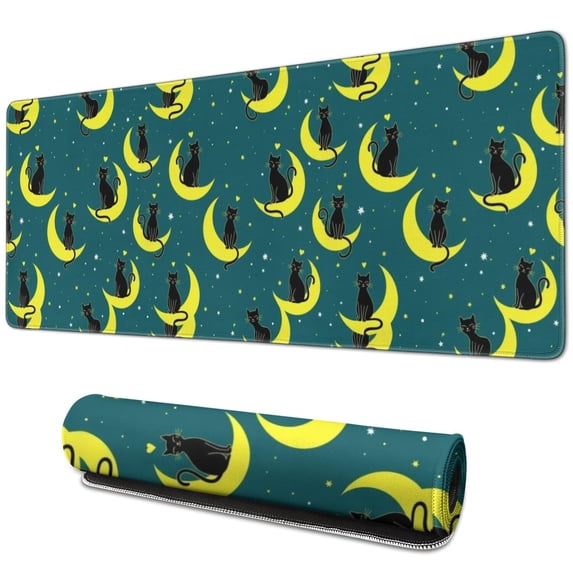 Black Cat and Moon Teal Pattern Extended Large Mouse Pad, Keyboard ...