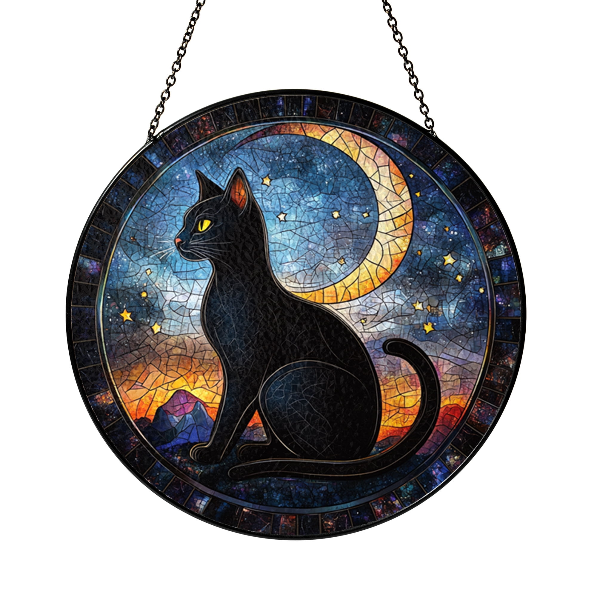 Black Cat Moon and Stars Stained Glass Suncatcher – Window Decor ...