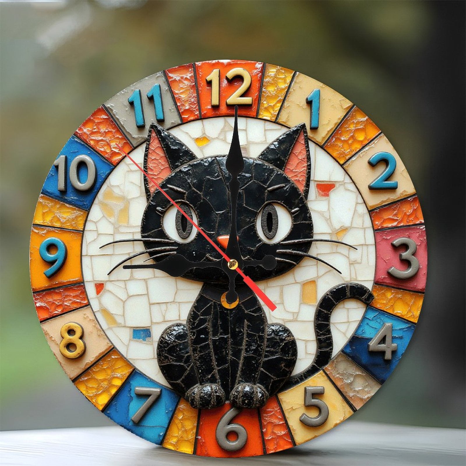 Black Cat Mosaic Wall Clock Decorative Art 10-Inch Silent Wooden Wall Clock, Battery Operated ...