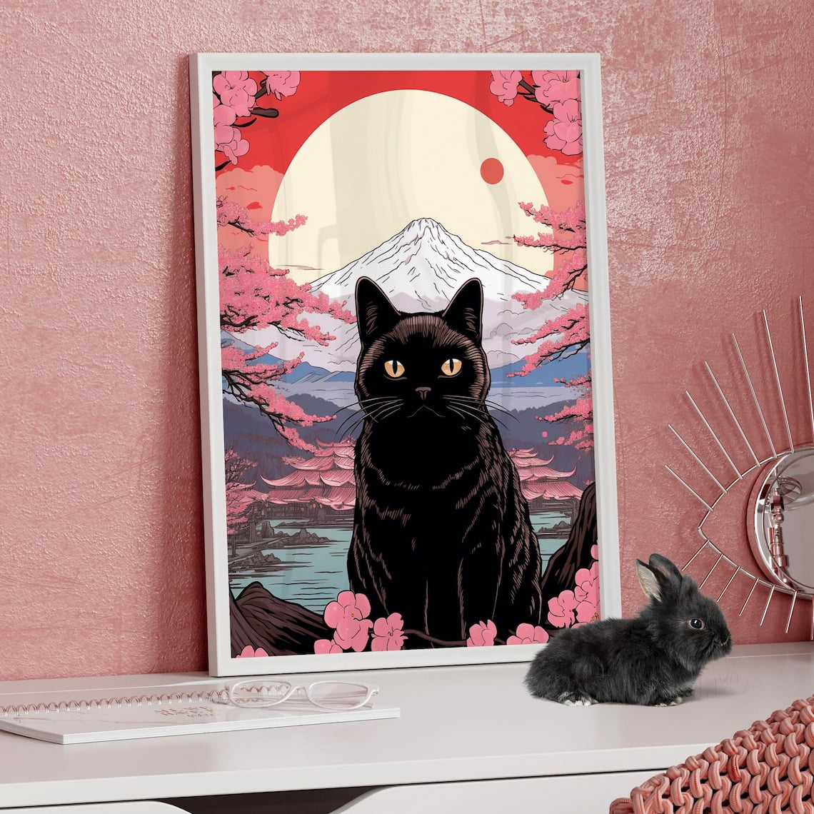 Black Cat Mount Fuji Wall Art Calm Japanese Decor, Unframed Paper Print ...