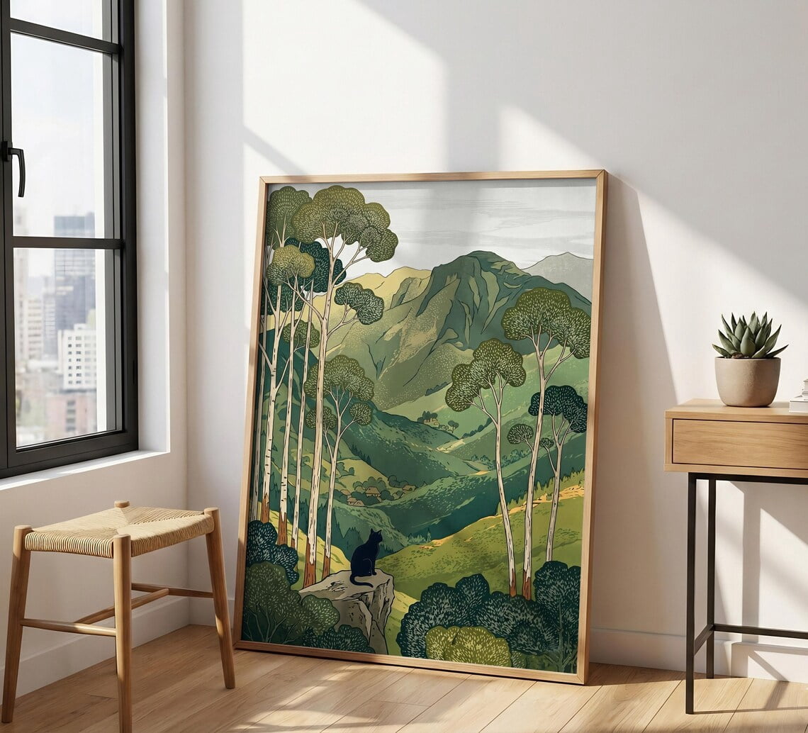 Black Cat Mountain Vintage Forest Japanese Landscape Nature Pet Retro ...