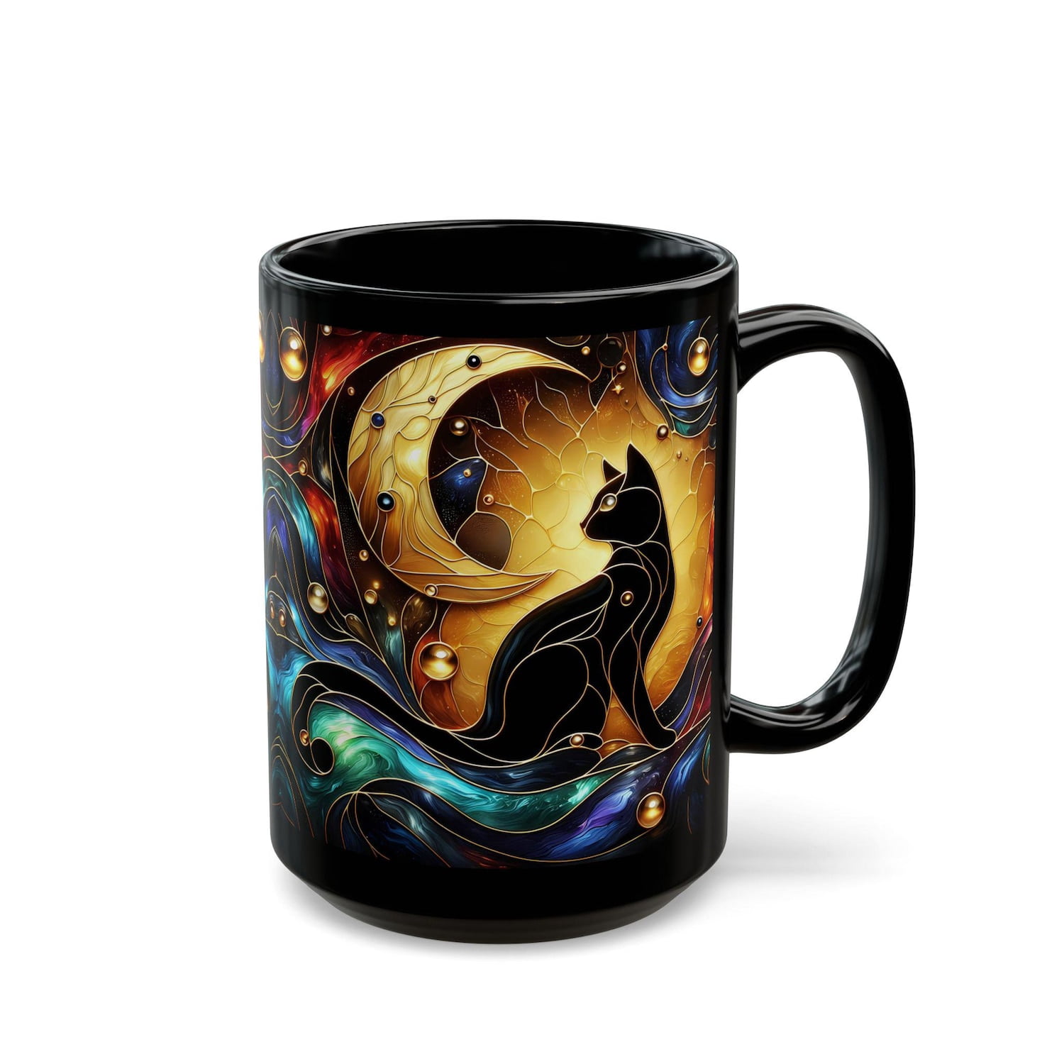 Black Cat Mug, Crescent Moon Halloween Cat Mug, Stained Galss Style ...