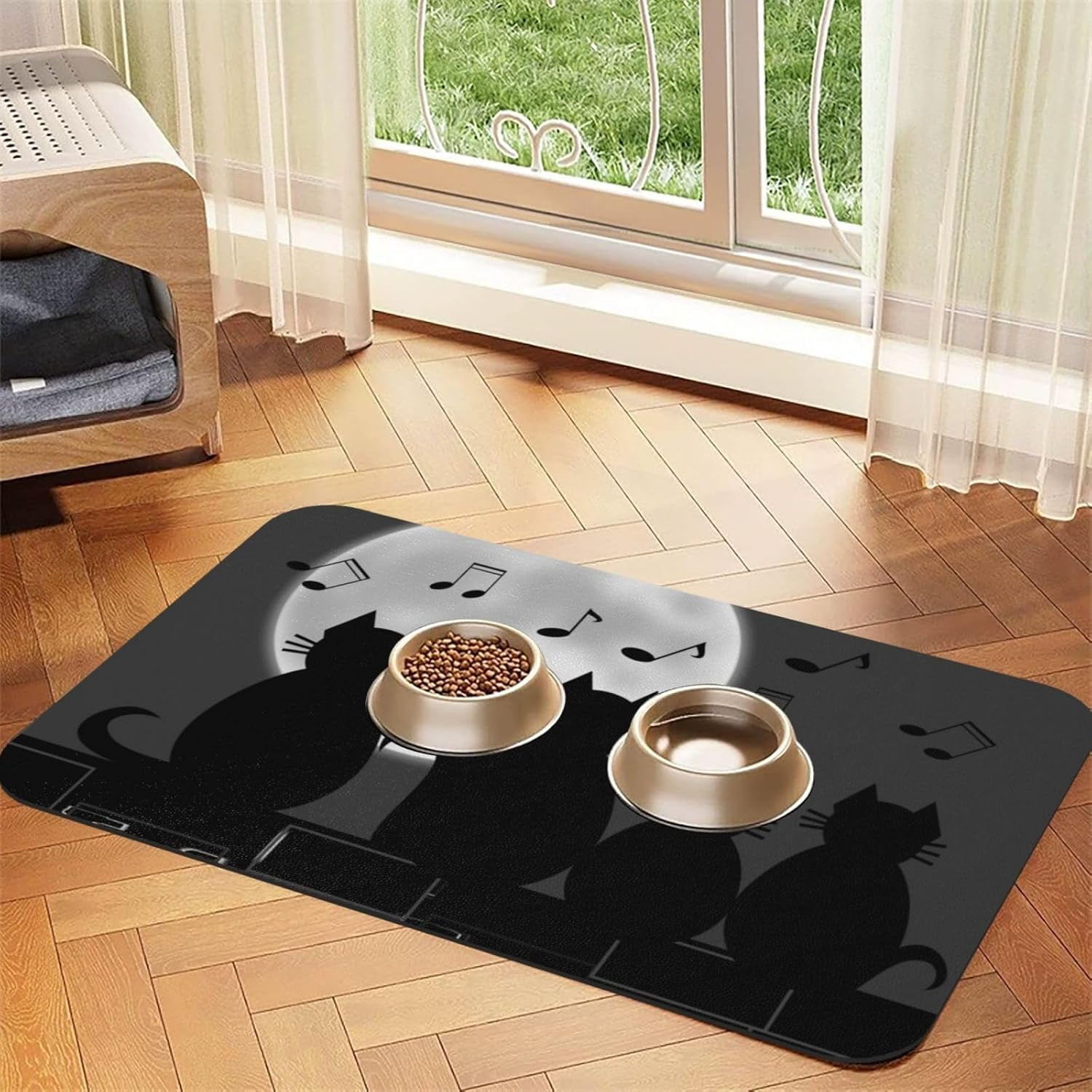 Black Cat Music Moon Pet Food Mat Absorbent Cat Dog Food Mat Quick Dry ...