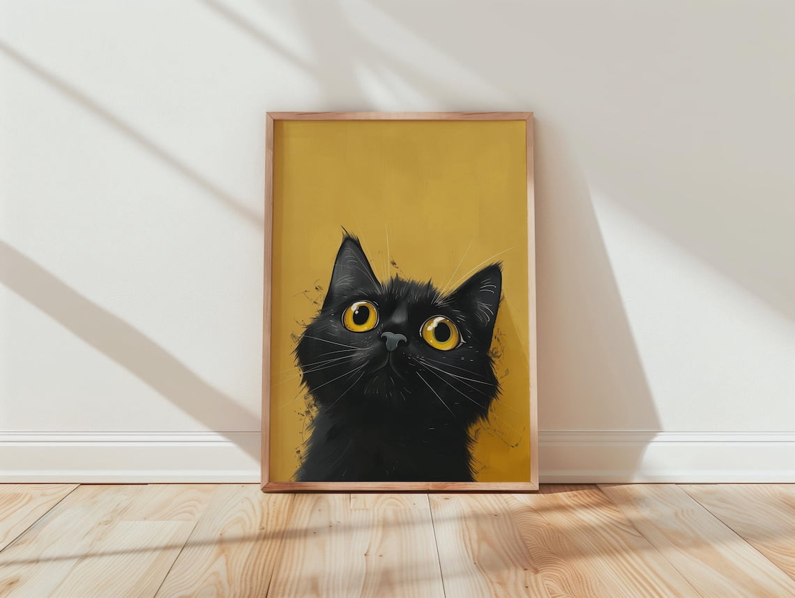 Black Cat Mustard Yellow Eyes Art Print, Modern Feline Living Room ...