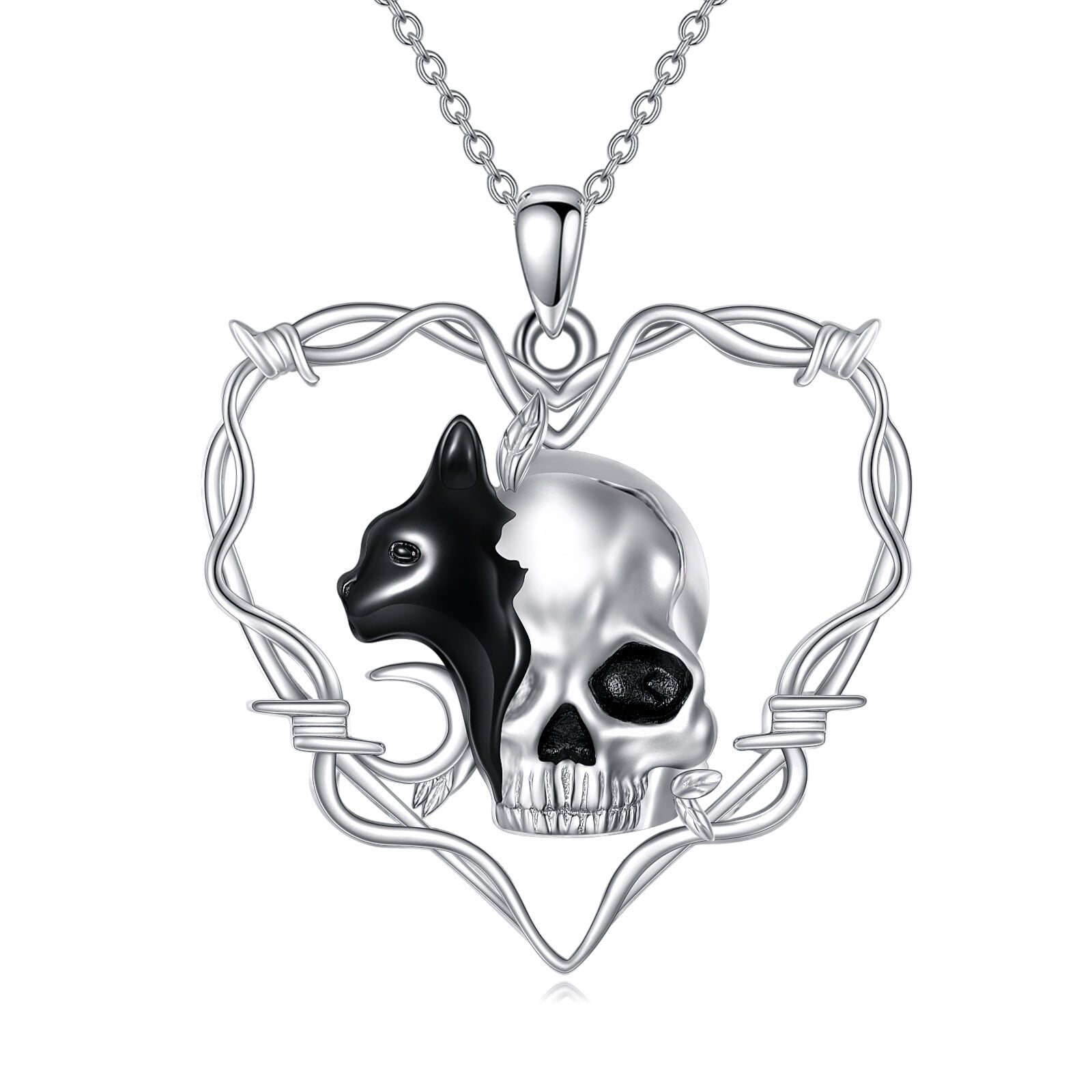 Black Cat Necklace Sterling Silver Skull Halloween Gothic Pendant ...