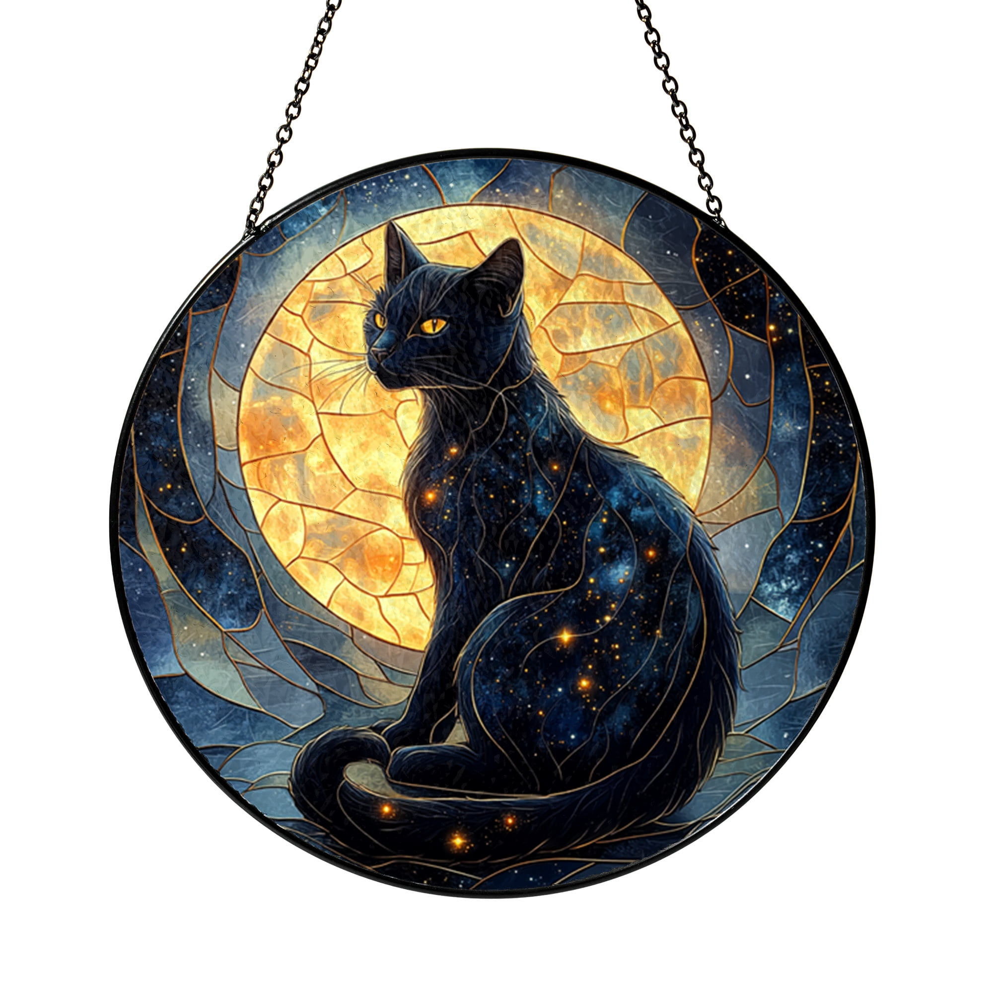 Black Cat Night Scene Stained Glass Style Suncatcher – Window Decor ...