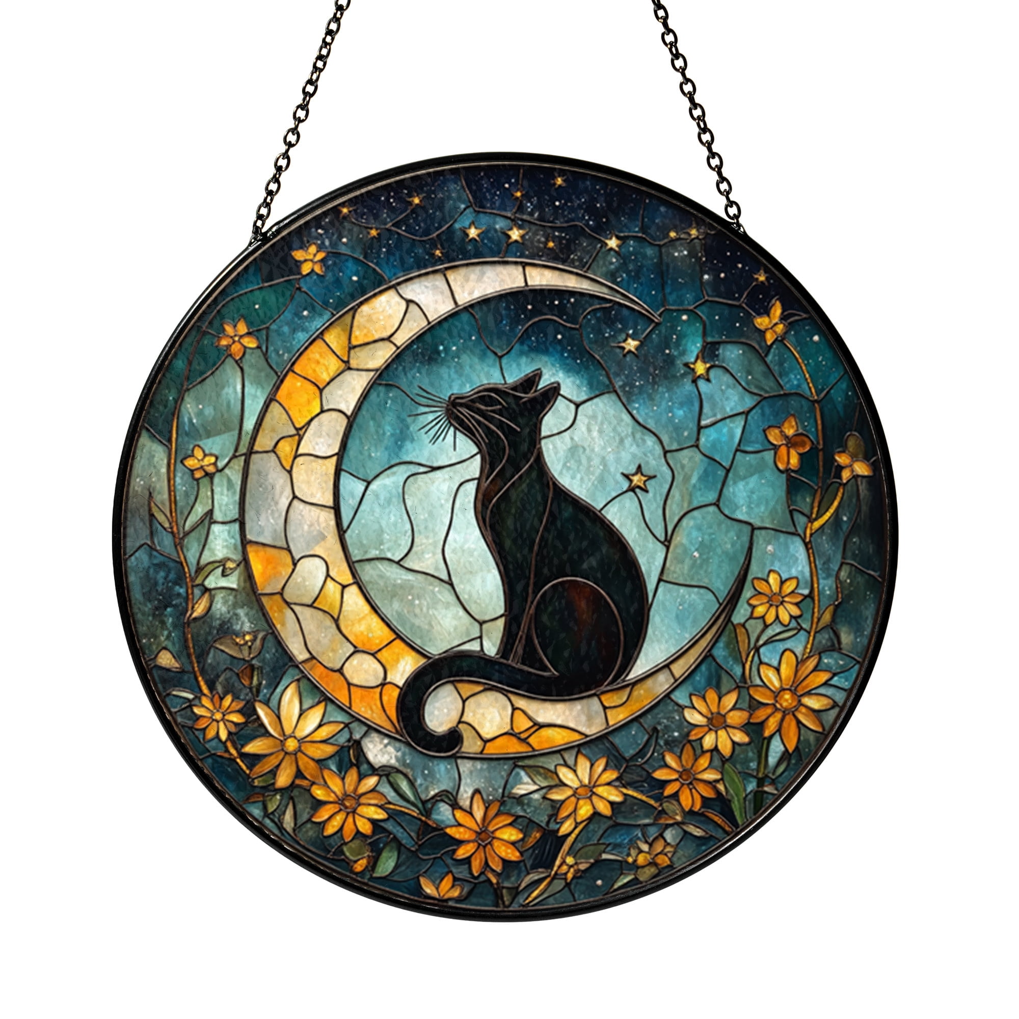 Black Cat Night Sky Stained Glass Suncatcher Window Hanging, Round ...