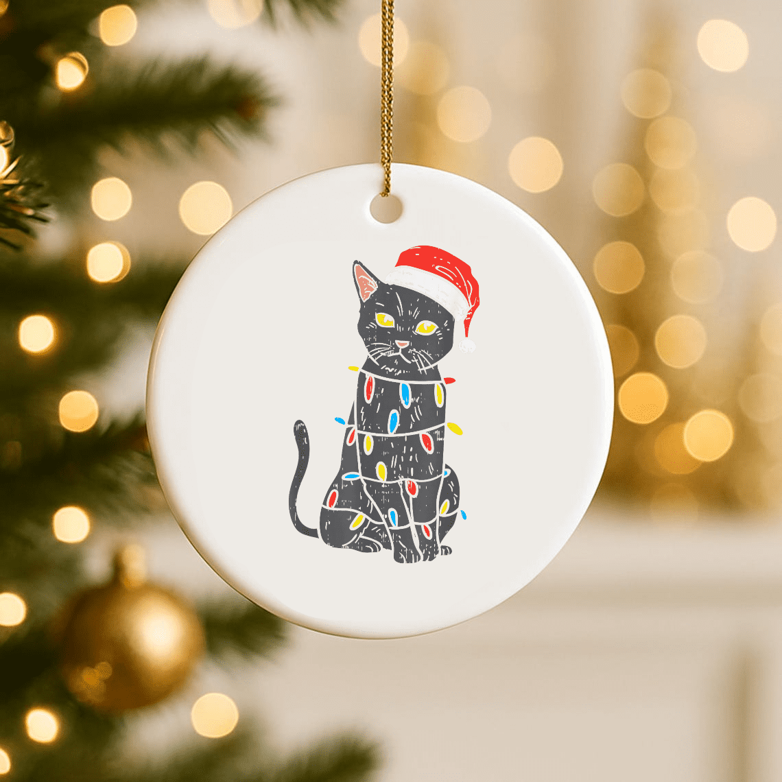 Black Cat Noel Lights Jolly Man Hat Fun Pet Cat Owner Gift Ornament 2D FLAT Ceramic Ornament ...