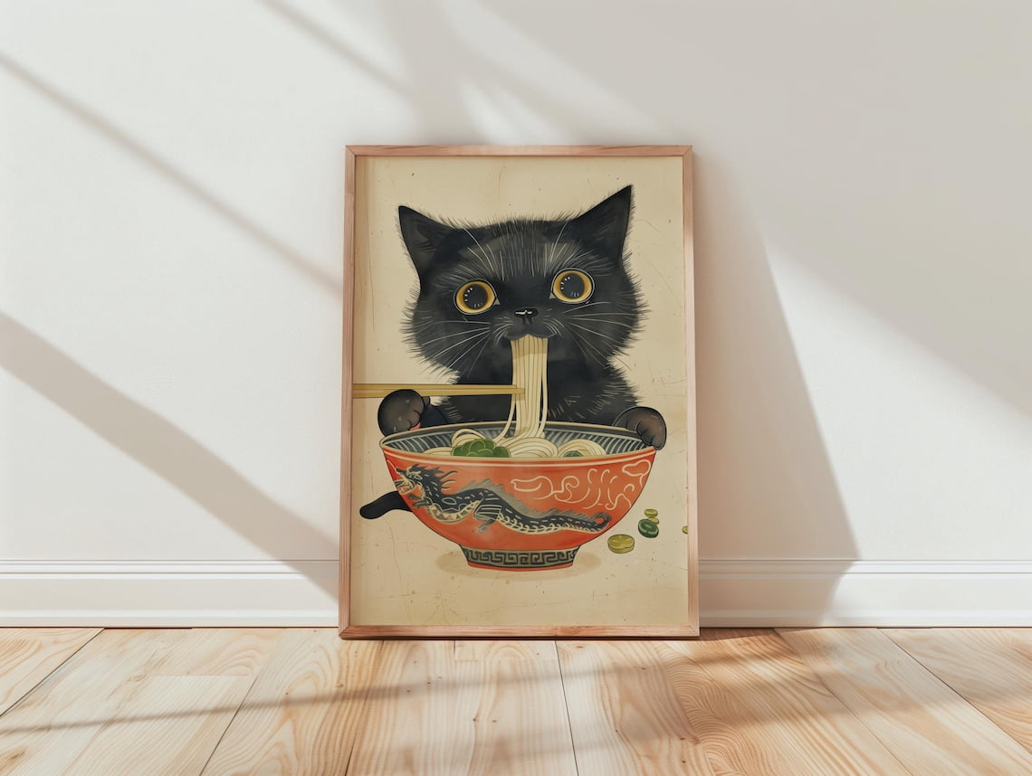 Black Cat Noodle Bowl Whimsical Asian Kitchen Graphic Poster Unframed ...