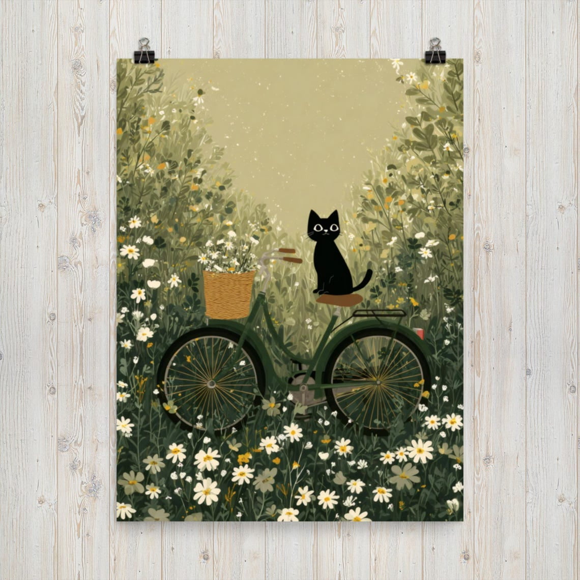 Black Cat On Bike, Cottagecore Floral Field Wall Art Poster, Green Nature Decor Home Decor #2059 ...