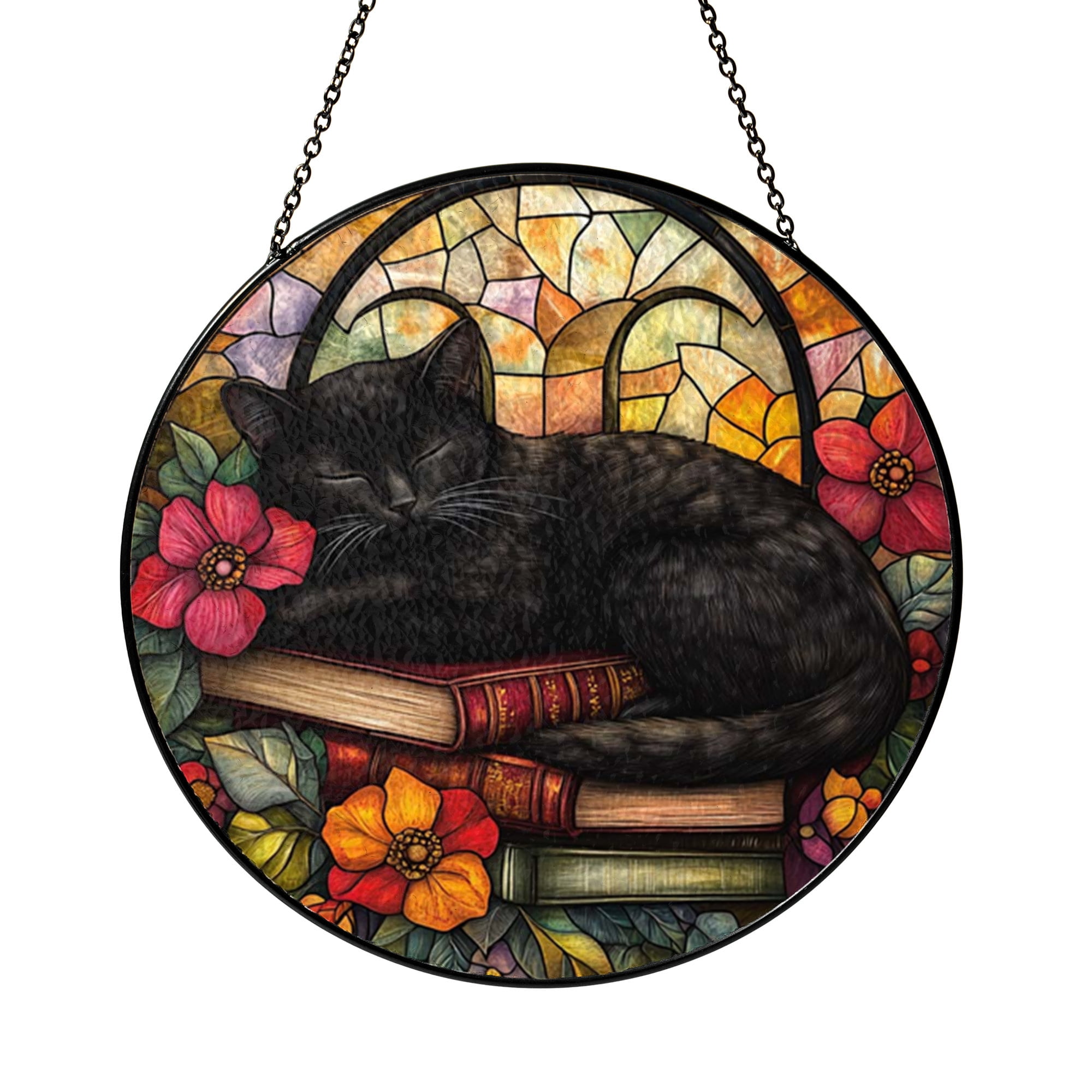 Black Cat On Books Stained Glass Suncatcher – Floral Window Decor ...
