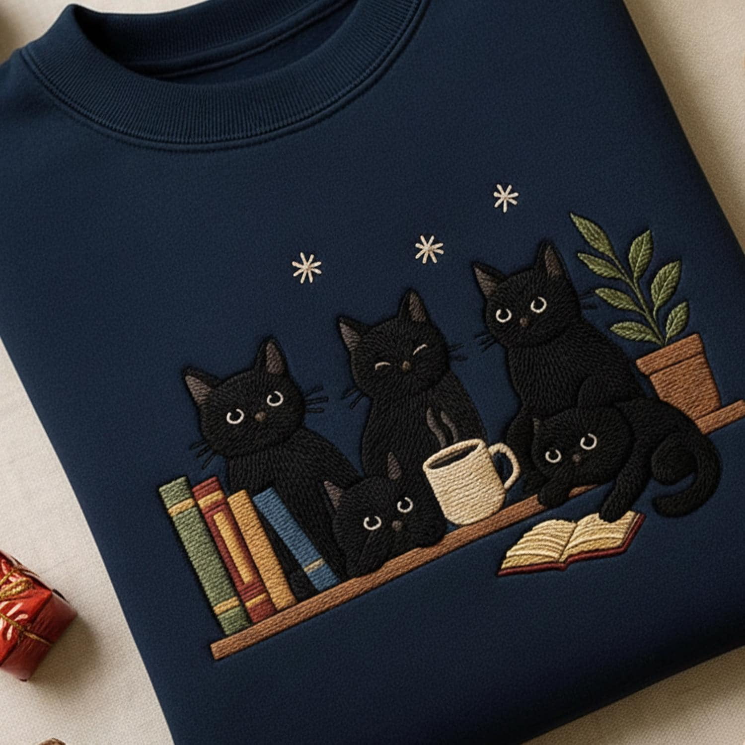 Black Cat On Bookshelf Embroidered Sweatshirt, Cozy Cat Lovers Gift ...
