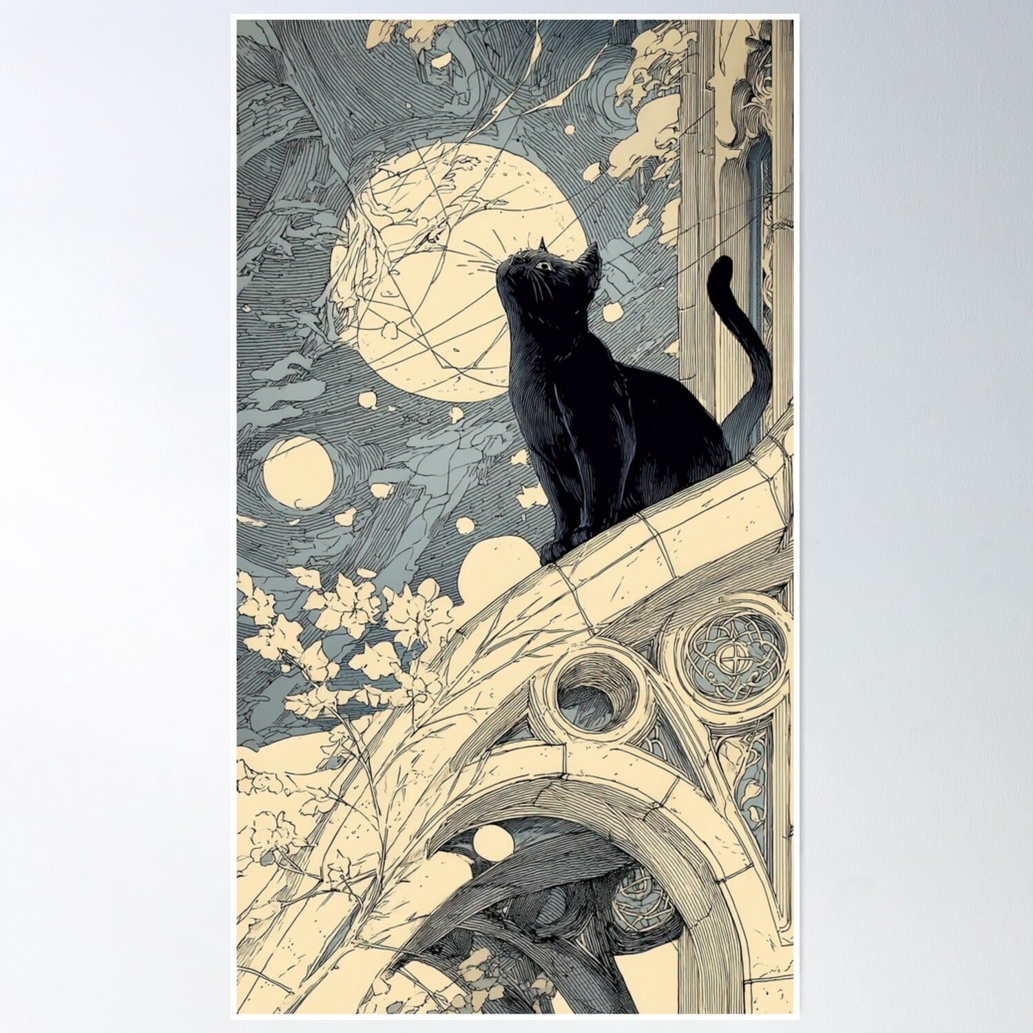 Black Cat On Gothic Architecture Under A Starry Sky Poster Wall Art ...