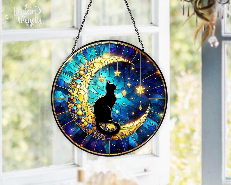 Black Cat On Moon Stained Glass Suncatcher, Black Cat Sun Catcher ...