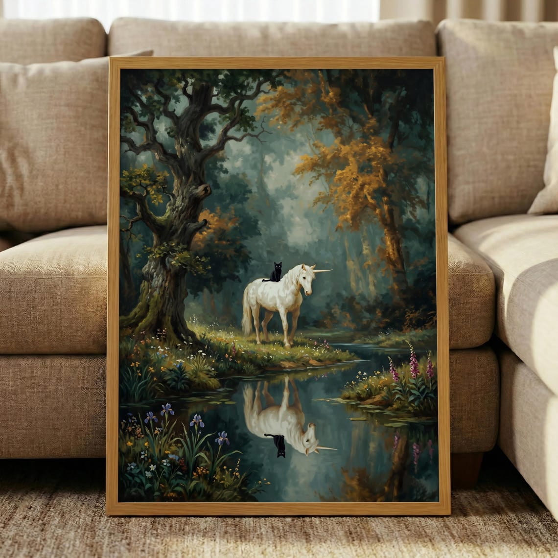 Black Cat On Unicorn Fantasy Forest Enchanted Woodland Vintage Magical ...