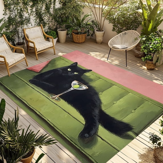 Black Cat Outdoor Rug, Boho Chic Lack Animal Cocktail Party Green Sofa ...