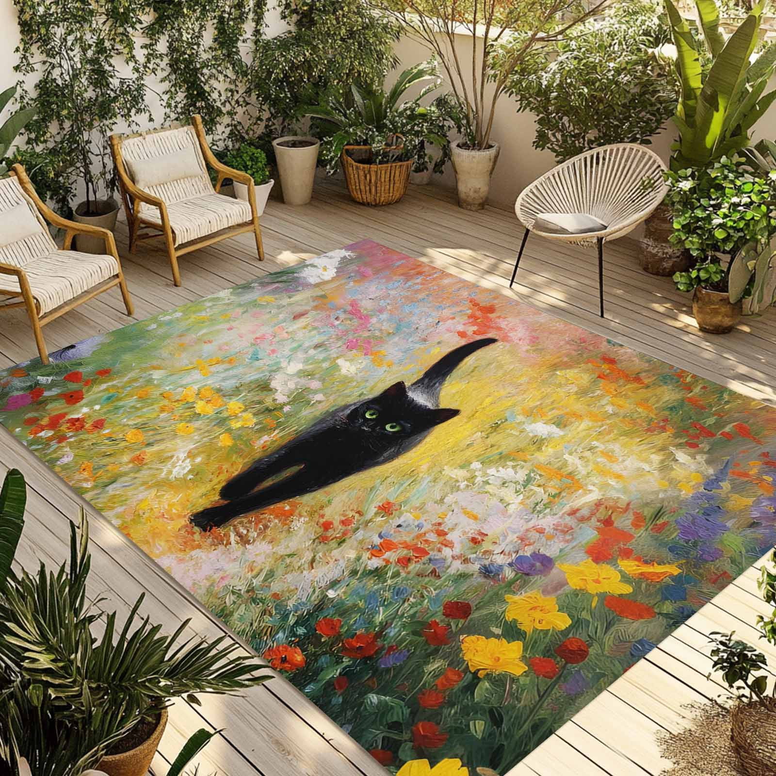 Black Cat Outdoor Rug, Colorful Floral Garden Impressionist Non-Slip ...