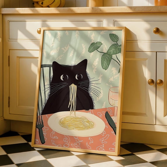Black Cat Pasta Print, Kitchen Decor, Unframed Paper Poster 16x20in ...