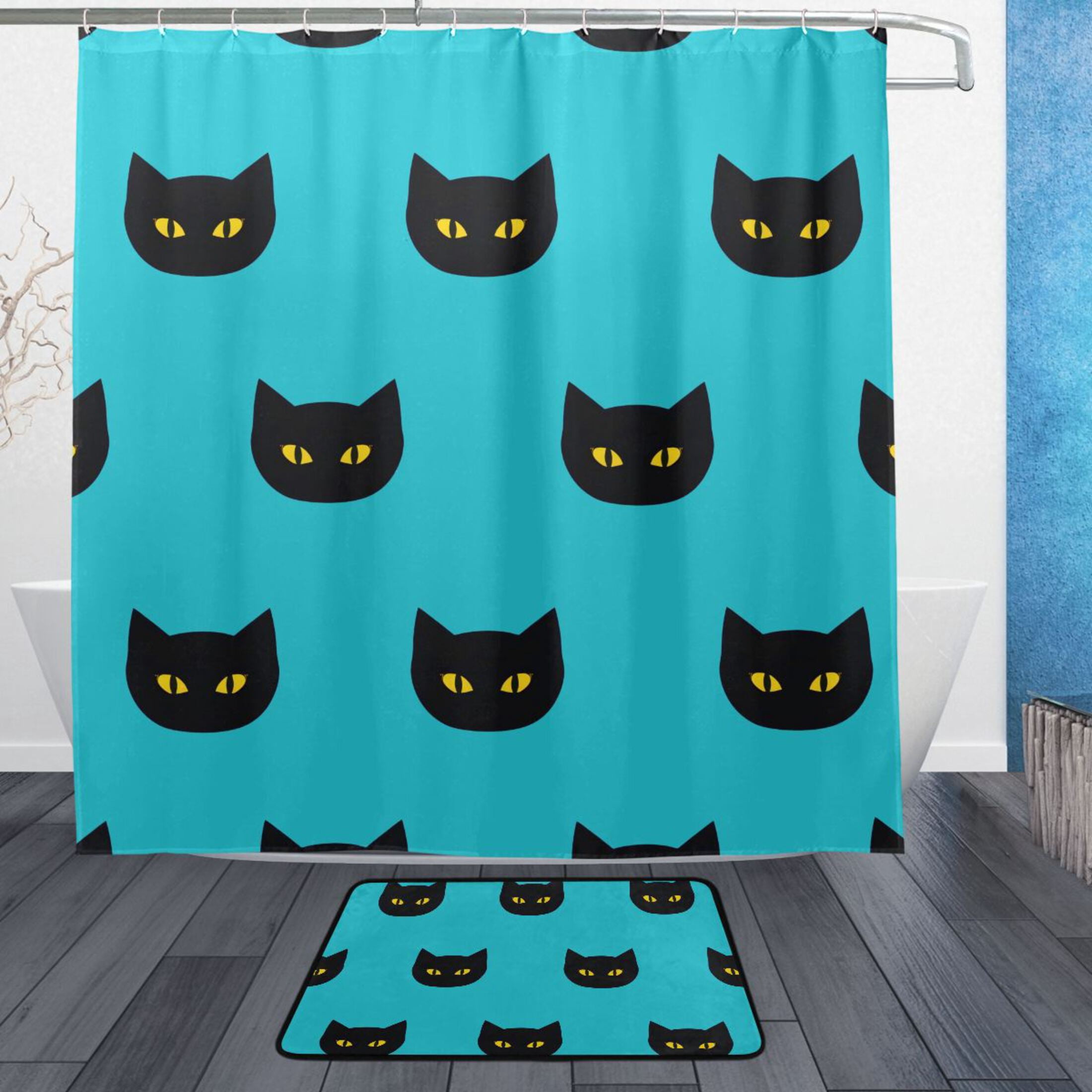 Black Cat Pattern Blue Bathroom Accessory Sets Waterproof Shower ...