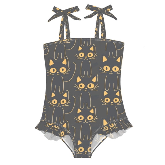 Black Cat Pattern Girls' One-Piece Swimsuit Bowknot Tie Shoulder ...