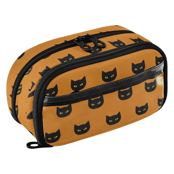 Black Cat Pattern Orange PVC Pencil Case Water-Repellent Clear Window ...