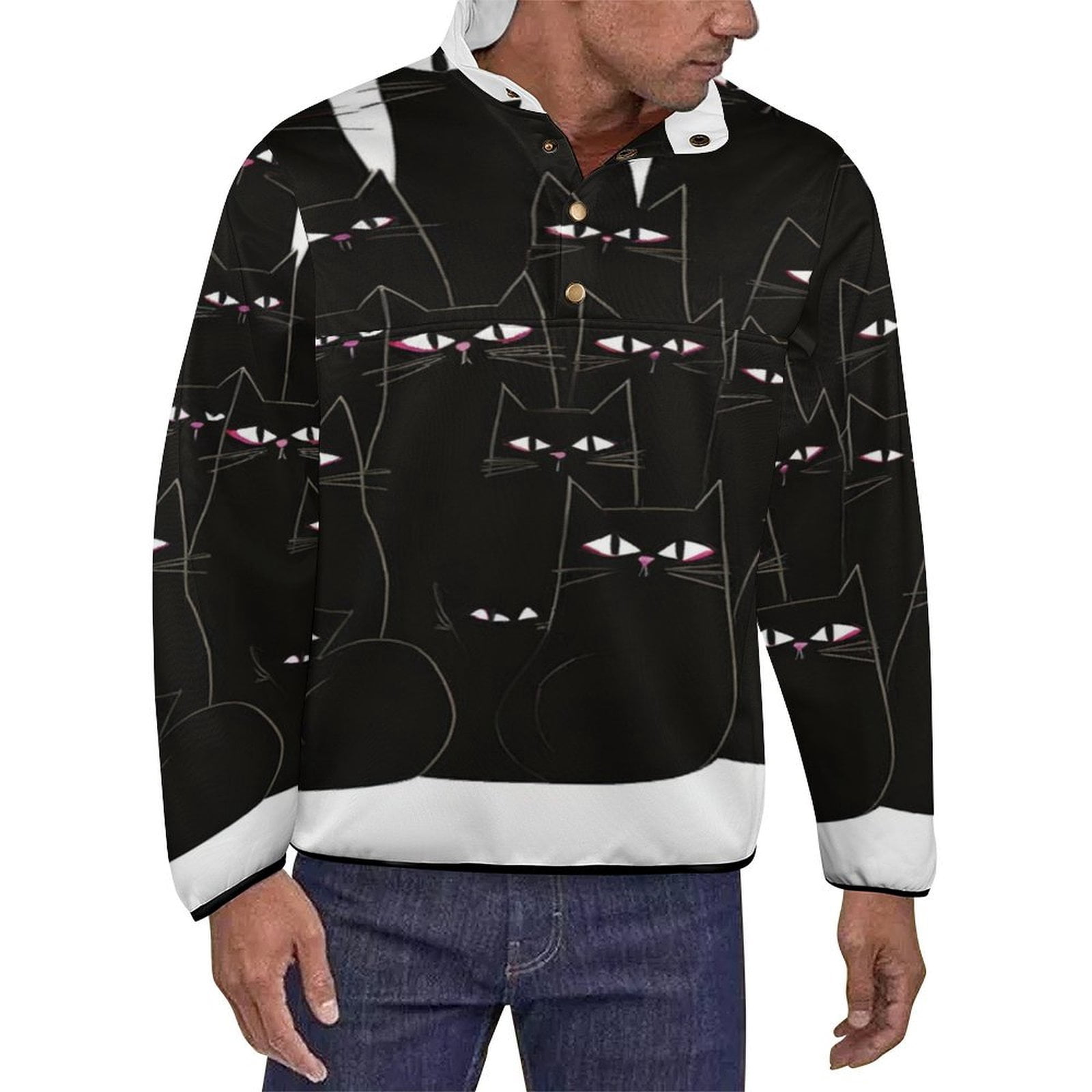 Black Cat Pattern Print Men's Stand Collar Sweater Long Sleeve Clothing ...