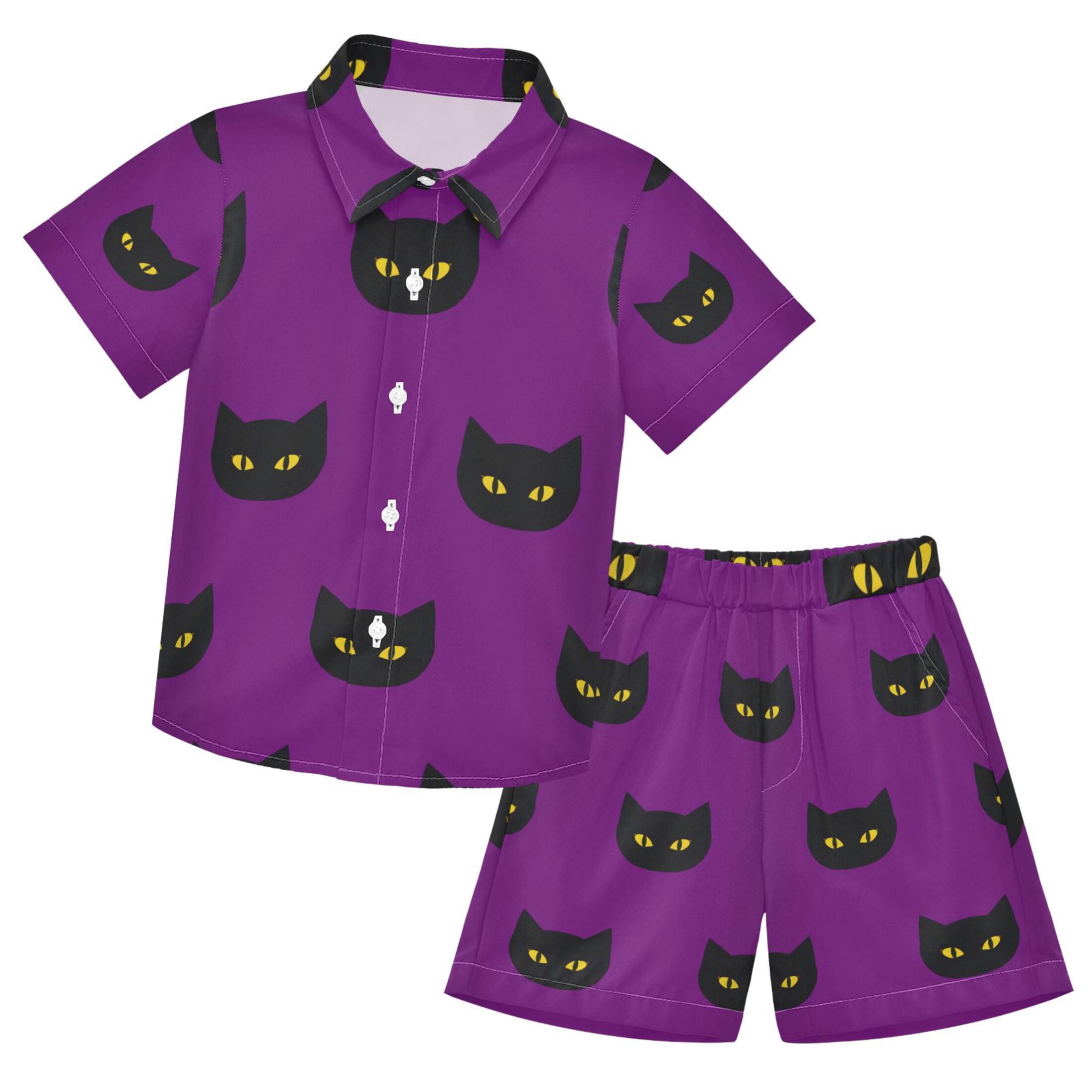 Black Cat Pattern Purple Boys' Hawaiian Shorts Sets Button Down Shirts ...