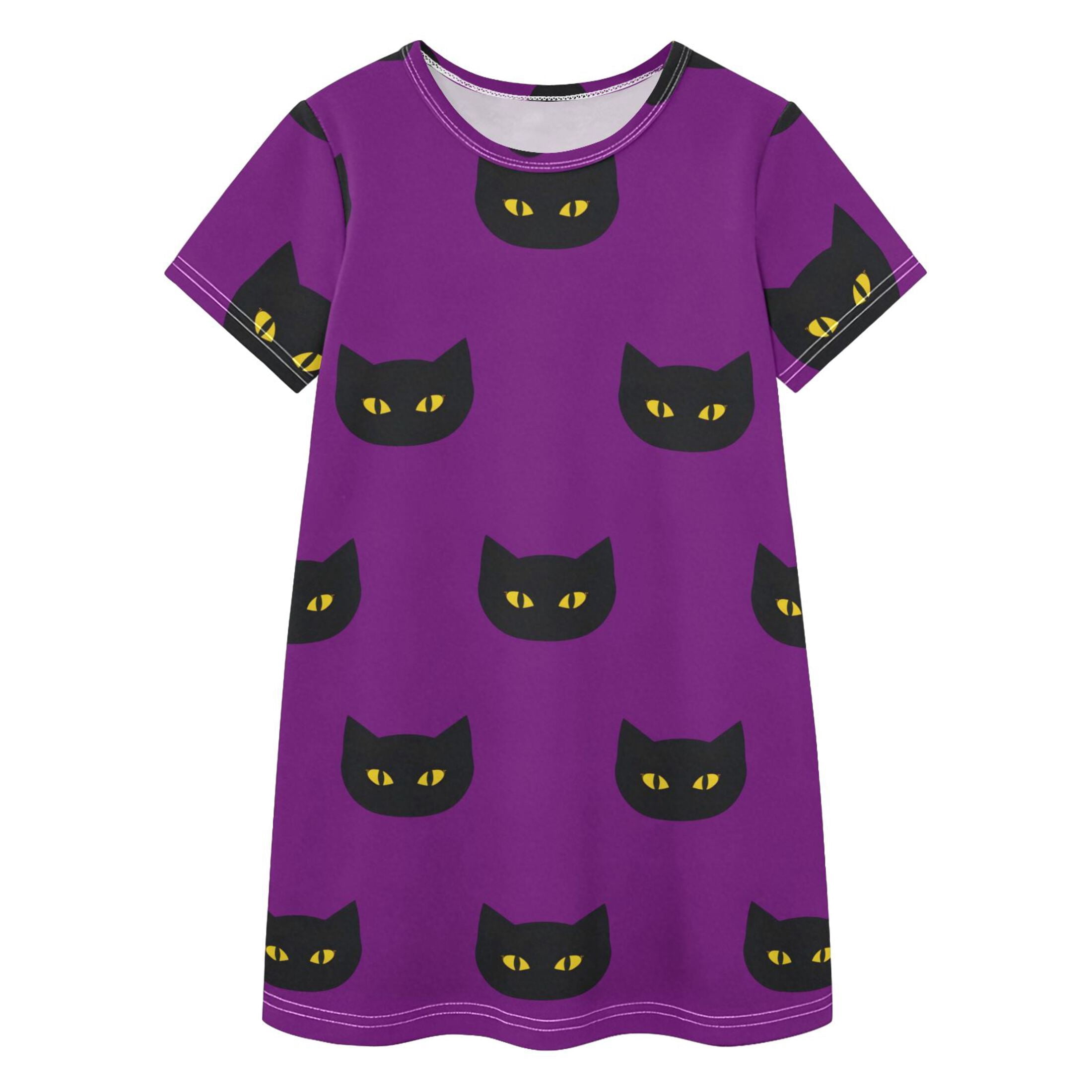 Black Cat Pattern Purple Girls' Casual Dresses Short Sleeve Cotton ...