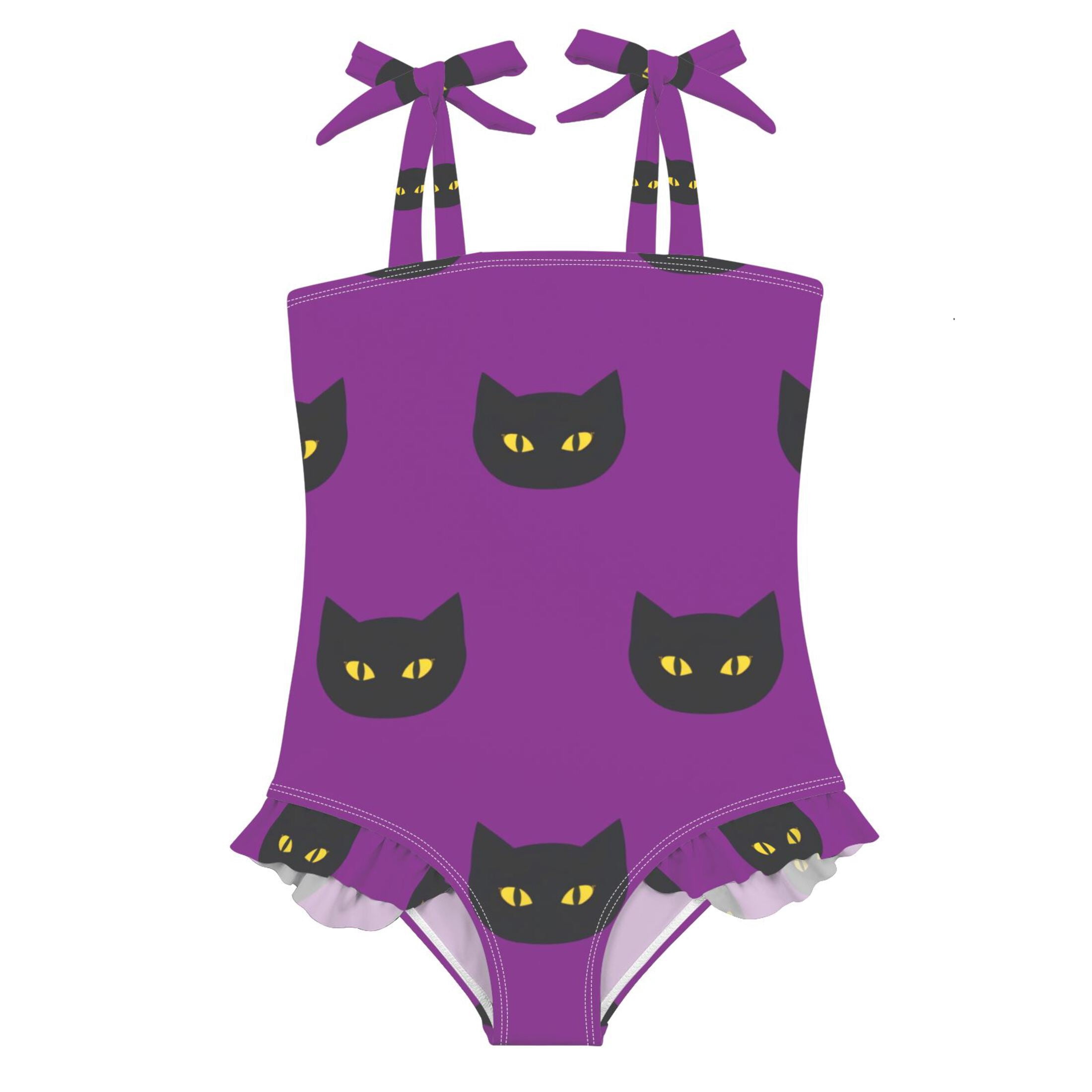 Black Cat Pattern Purple Girls' One-Piece Swimsuit Bowknot Tie Shoulder ...