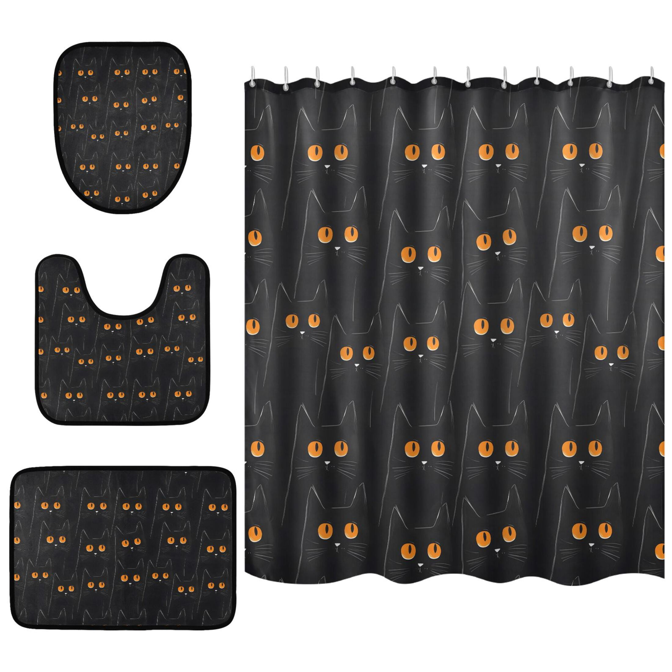 Black Cat Pattern Shower Curtain Sets 4 Piece Waterproof Bathroom Set ...