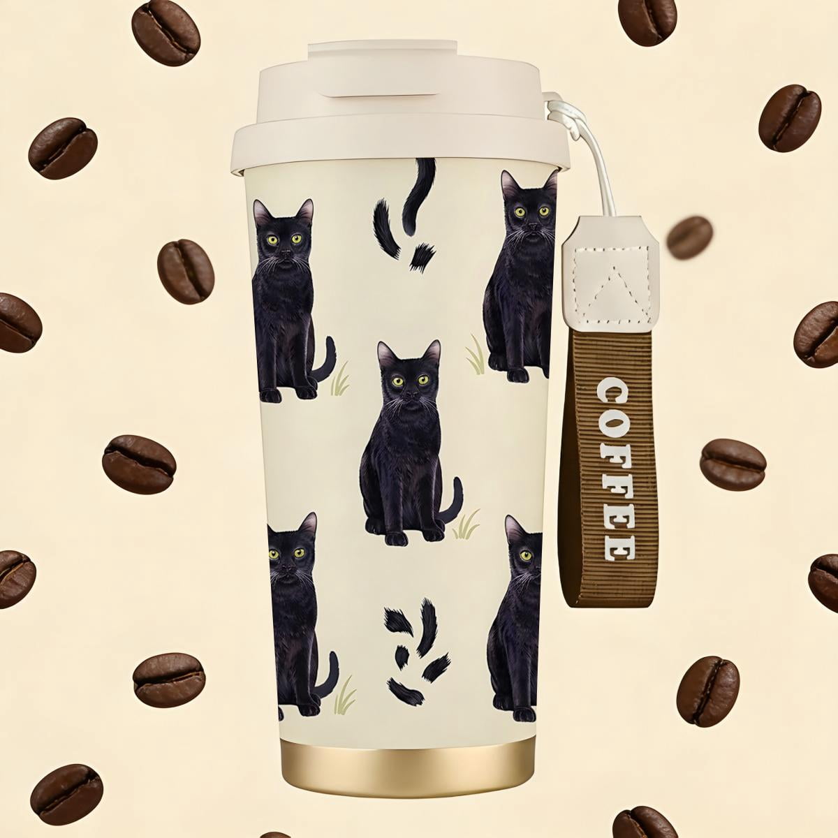 Black Cat Pattern Stainless Steel Insulated Coffee Cup with Double ...
