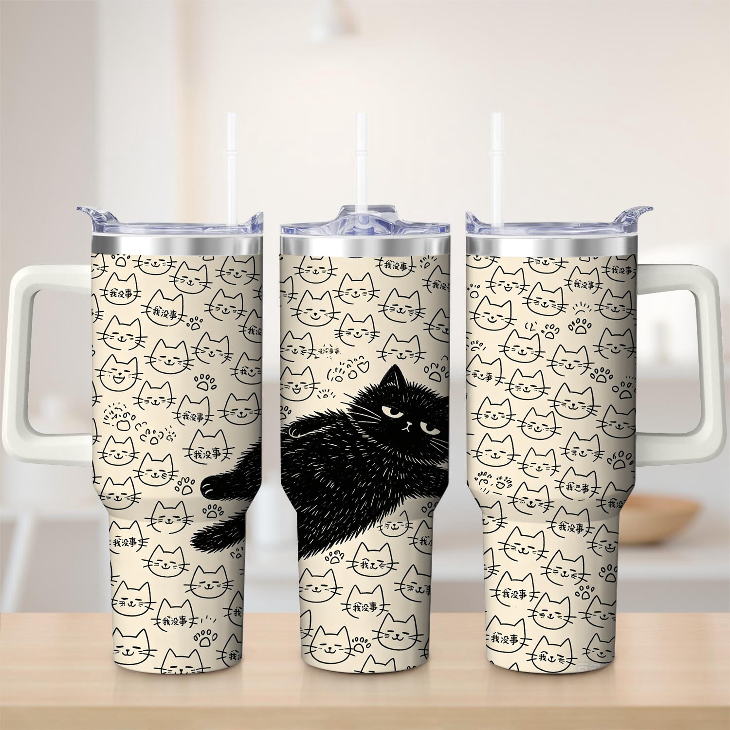 Black Cat Pattern Stainless Steel Insulation Mug with Lid and Handle ...