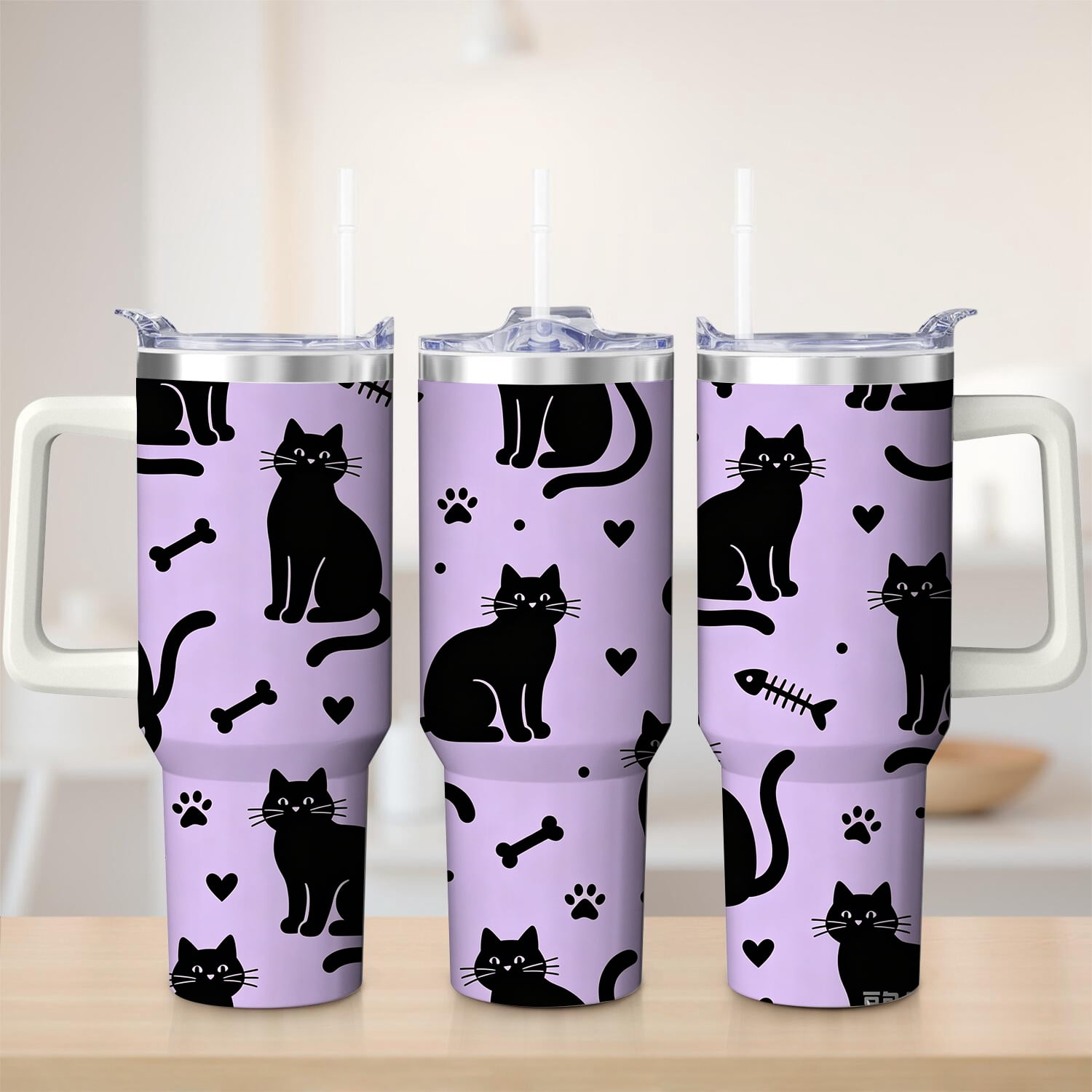 Black Cat Pattern Stainless Steel Insulation Mug with Lid and Handle ...