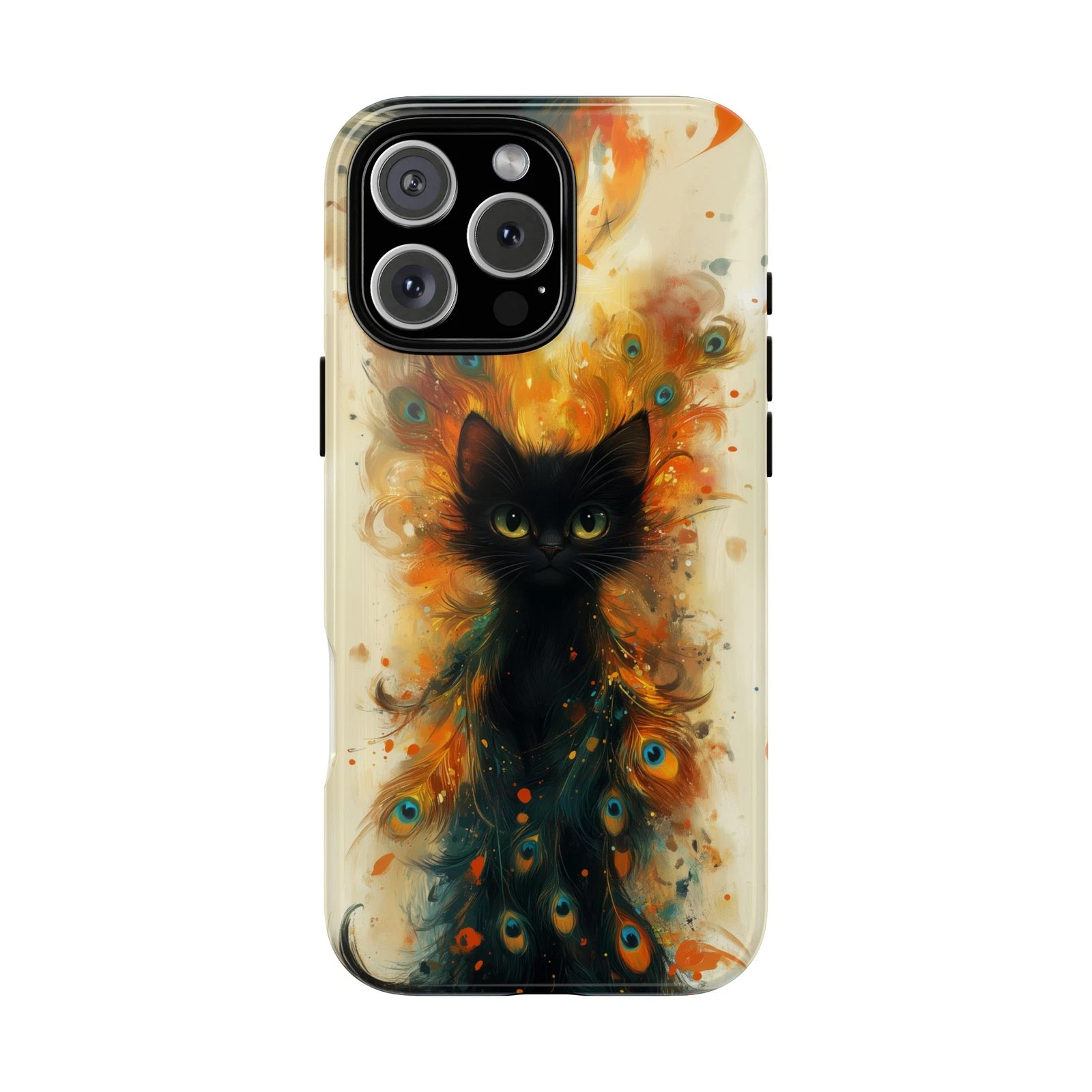Black Cat Peacock Feathers Artwork Phone Case with iPhone 11 to 17 Pro ...