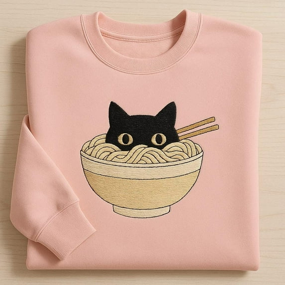 Black Cat Peeking Ramen Sweatshirt, Embroidered Cute Kitty Noodle Bowl ...